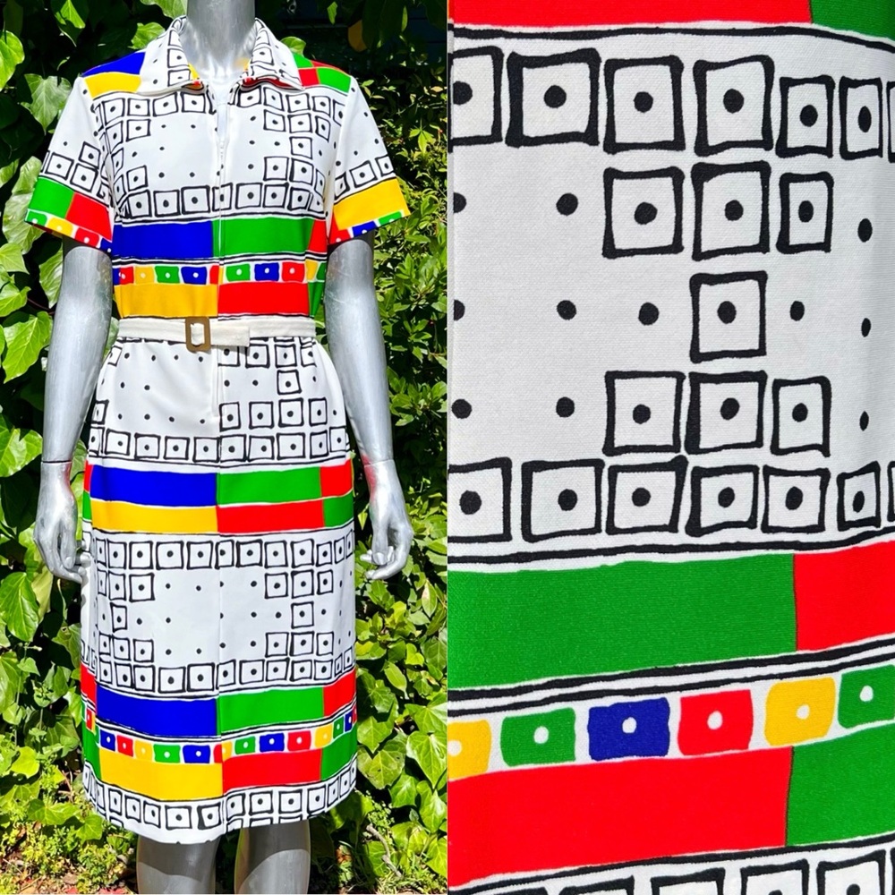 1960s Honeycomb Mod Primary Colored Cubic Print Shirt… - Gem